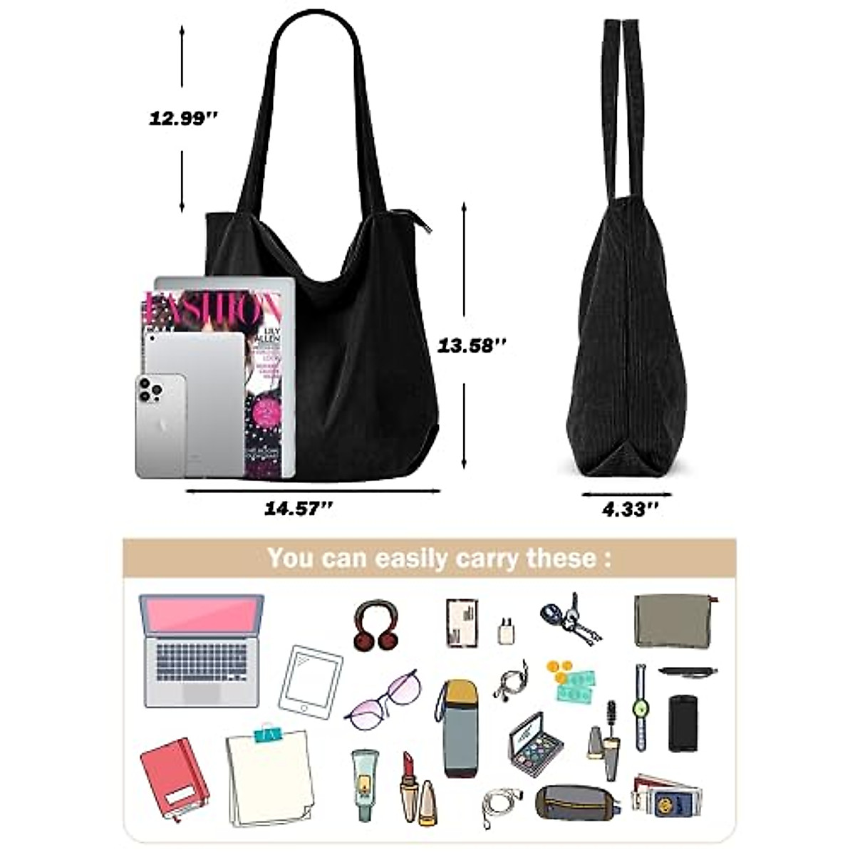 Women Corduroy Tote Bag With Zipper, Large Shoulder Hobo Bags Casual Cute Handbags Big Capacity Travel Shopping Work Bag Aesthetic With Pocket