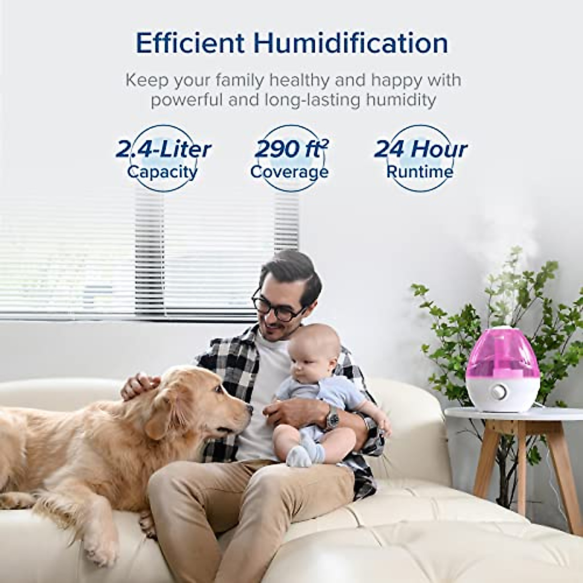 LEVOIT Humidifiers for Bedroom Large Room (2.4L Water Tank), Cool Mist for Home Whole House, Adjustable 360° Rotation Nozzle, Ultrasonic, Auto Shutoff, Night Light, BPA-Free, Pink