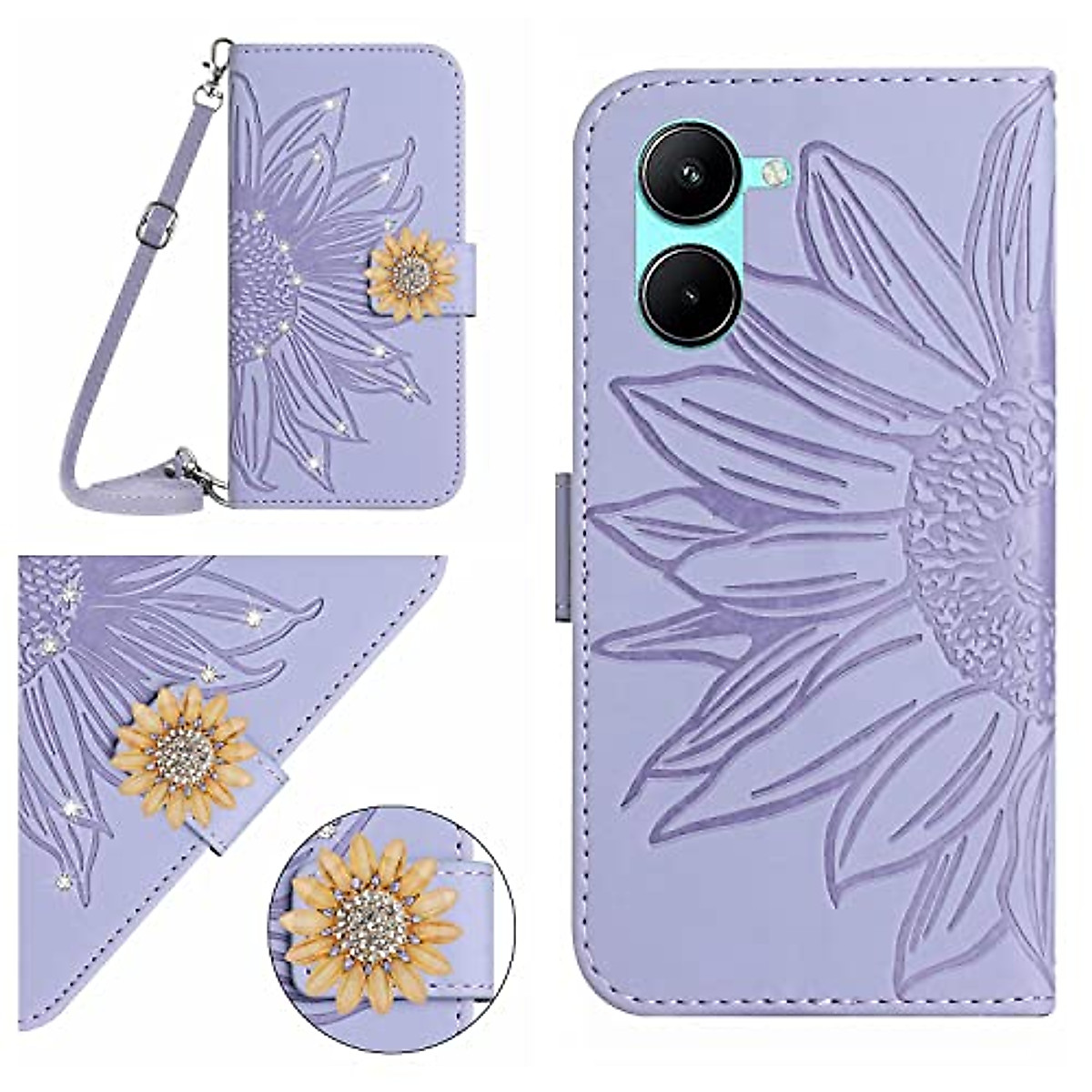 ONV Wallet Case for Oppo Realme C33-1.5M Strap Glitter Shinny Sunflower Flip Leather Case Card Slot Shockproof Kickstand Magnetic Cover for Oppo Realme C33 [HT] -Purple-T