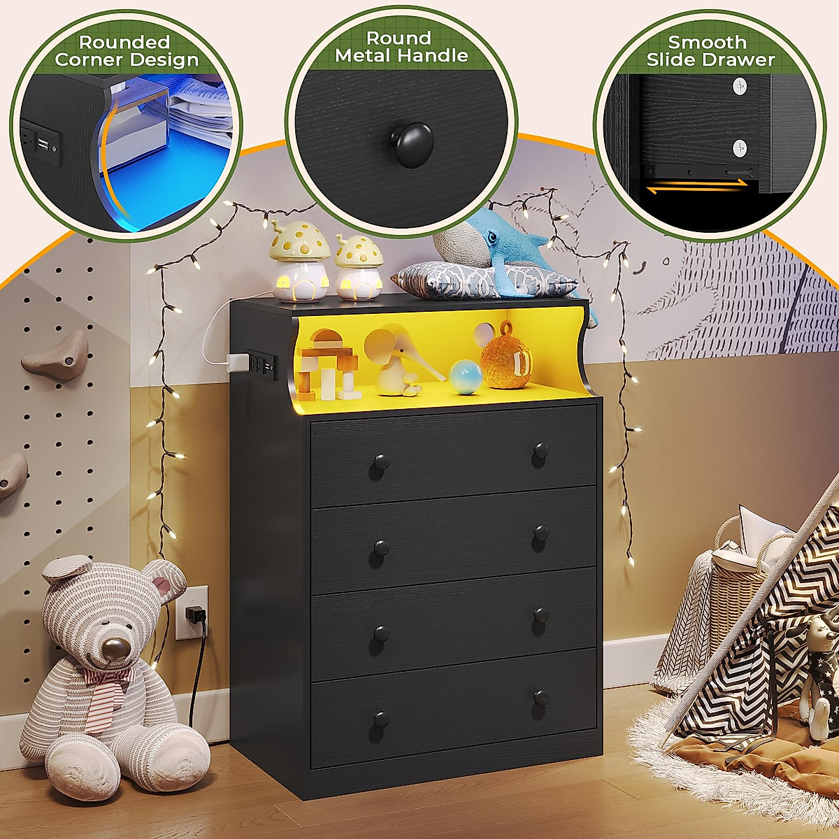 DICTAC Black Drawer Dresser for Bedroom with LED Lights, Chest of 4 Drawers with Charging Station, Tall Dresser with Large Storage Space, Wooden Storage Tower Organizer