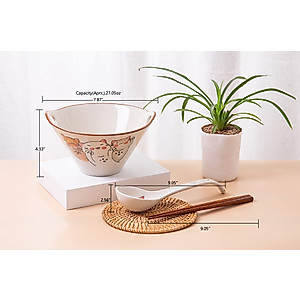 LLDAYU large Ceramic Japanese Ramen Noodle Soup Bowl, 27 Ounce Deep Bowl, with Matching Spoon and Chopsticks for Udon Soba Pho Asian Noodles.Dishwasher & Microwave Safe(Lucky Cat)