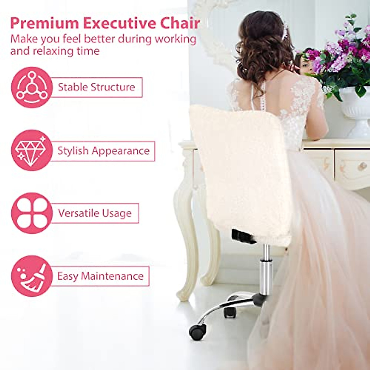 Giantex Faux Fur Office Chair, Armless Home Desk Chair, Height Adjustable Swivel Cute Chair, Middle Back Chair w/Chrome Base, Modern Fuzzy Vanity Chair, Rolling Task Chair for Study Bedroom (Ivory)