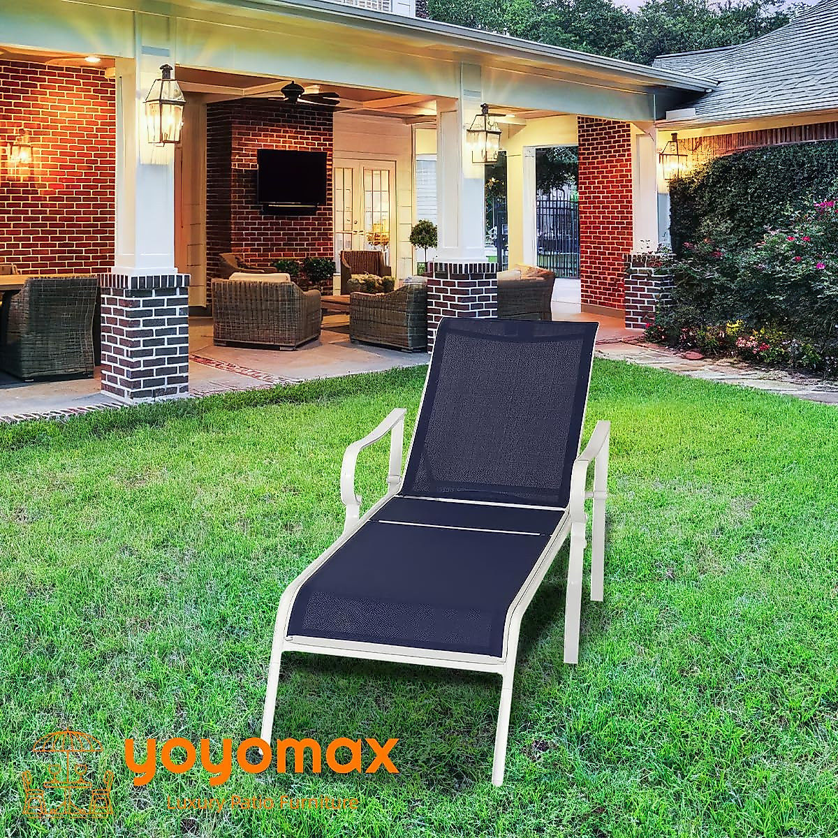 yoyomax Chaise Lounge Outdoor w/Adjustable Back in 5 Reclining Levels, Sturdy Metal Frame, Sunbathing Chair for Beach, Yard, Balcony, Poolside, Dark Blue