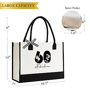 Crisky 60th Birthday Gifts for Women Canvas Tote Beach Bag 60 & Fabulous with Ribbon for Wife/Sister/Mom/Aunt/Friends,17" x 12" x 7"