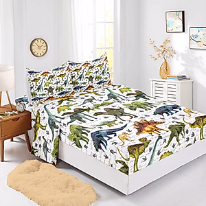 BailiPromise Dinosaur 4 Piece Kids Sheets Queen Size,Jurassic Dinosaur Bedding Sheet Set,Boys Printed Flat Sheet Fitted Sheet with 16" Deep Pocket,100% Microfiber Ultra Soft and Skin Friendly