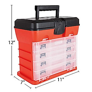 Storage Tool Box - Portable Multipurpose Organizer With Main Top Compartment and 4 Removable Multi-Compartment Trays by Stalwart,Red,11 in x 7 in x 10 in
