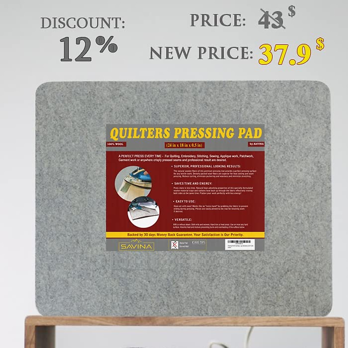 Wool Pressing Pad - 24in x 18in Quilting Ironing Pad - 100% New Zealand Felted Wool Iron Board for Quilters, Great for Quilting Sewing Projects by SAVINA