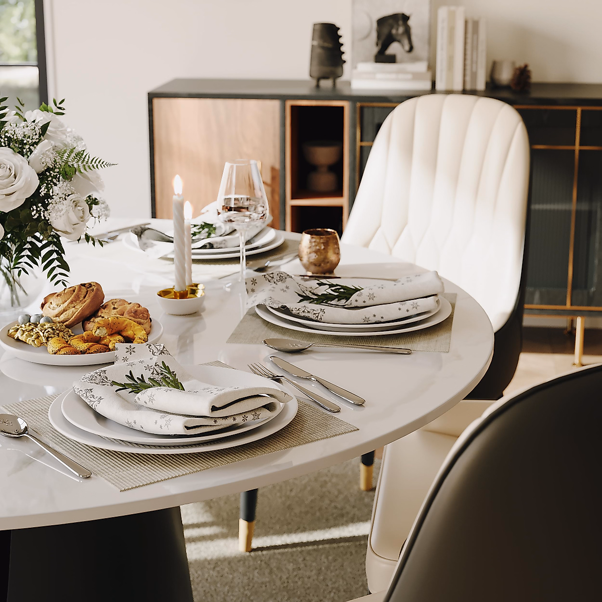 POVISON Round Dining Table for 4-6, Modern Dining Table Round 51" Matte Sintered Stone Tabletop with Solid Black Carbon Steel Pedestal, Circle Dining Table for Dining Room (Dining Table Only)