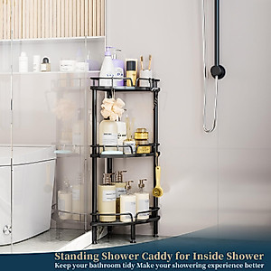 Consumest Corner Shower Caddy Stand - 3 Tier Shower Organizer with Soap Holder, Standing Tall Floor Shower Stand with Adjustable Feet & 4 Hooks, Shower Shelf Rack Storage for Bathroom Black