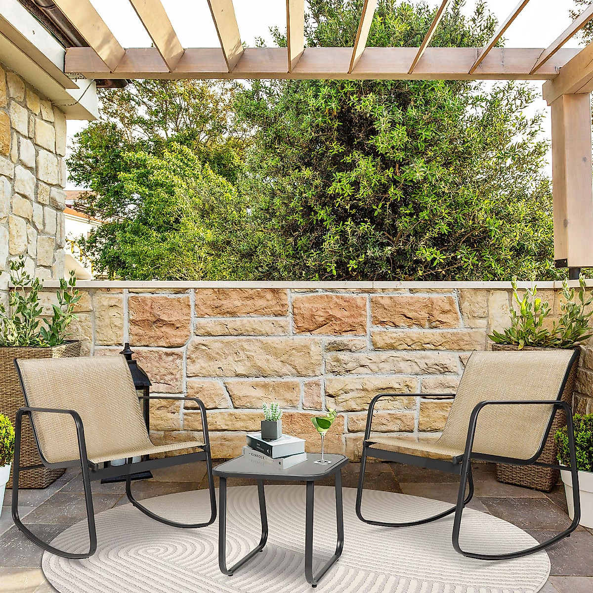 SOLAURA 3 Piece Patio Rocking Bistro Set, Textilene Fabric Outdoor Furniture, Porch Chairs Set with Glass Table for Lawn, Garden, Balcony, Poolside, Khaki