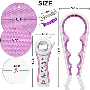 Jar Opener for Weak Hands - Jar Opener for Seniors with Arthritis, 5in1 Bottle Opener, 3 PCS Multi-Function Non Slip Rubber Jar Opener Gripper Pad in White and Purple, and 2pcs Portable Bottle Opener