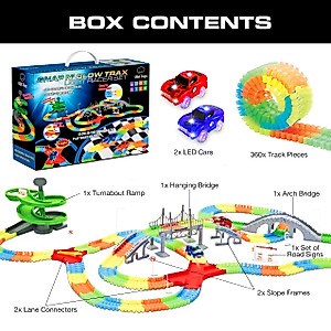 USA Toyz Large Glow Trax Race Tracks for Kids- 380pc Glow in The Dark Race Car Track Set with 360pk Rainbow Flexible Tracks, Roundabout Ramp, Bridges, Ramps, 2 Toy Cars, STEM Toys for Boys and Girls