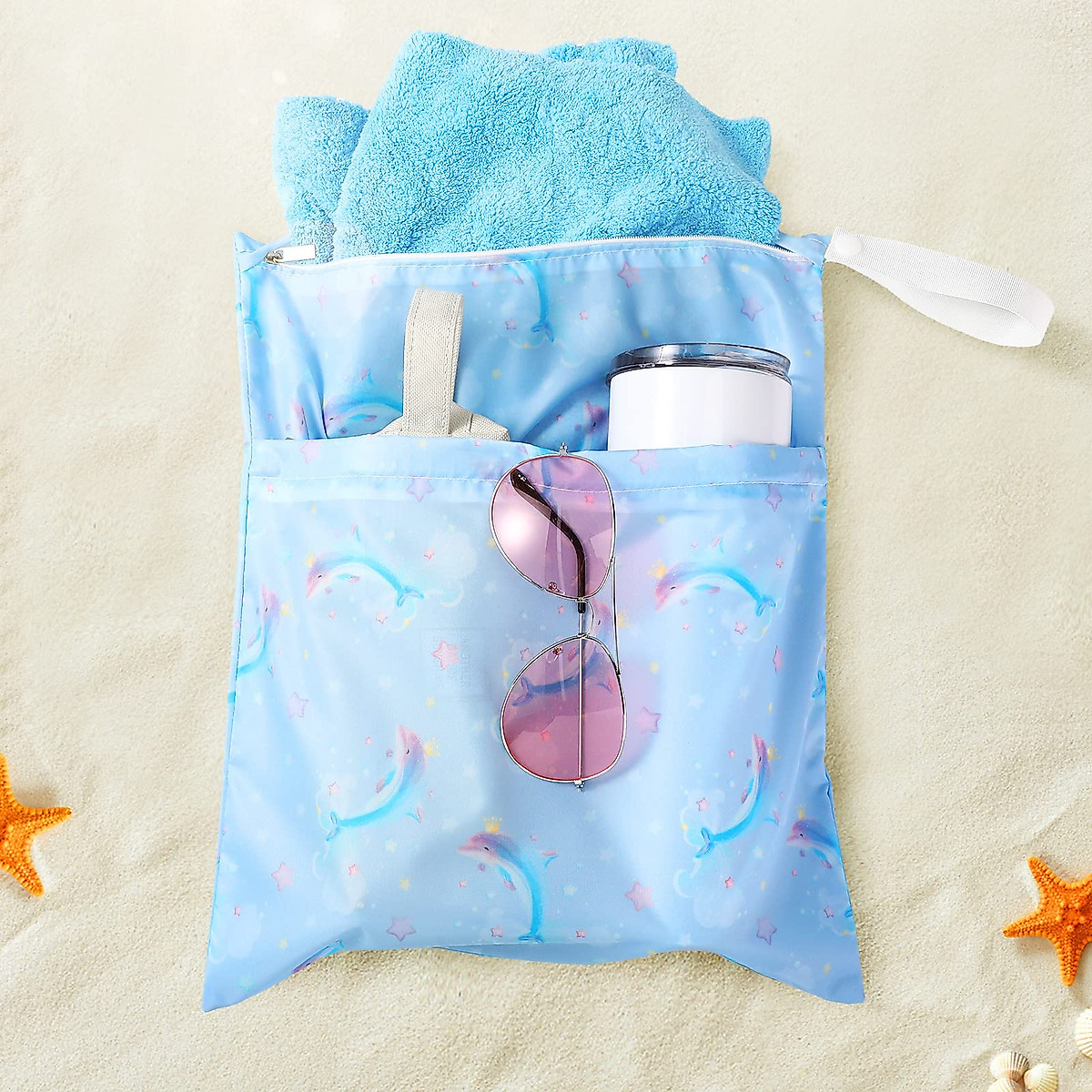 Frienda 4 Pieces Wet Dry Bag for Baby Waterproof Reusable Washable Diaper Bag Sealed with Handle for Travel, Beach, Swimsuit, Diapers, Dirty Gym Clothes and Toiletries (Mermaid)