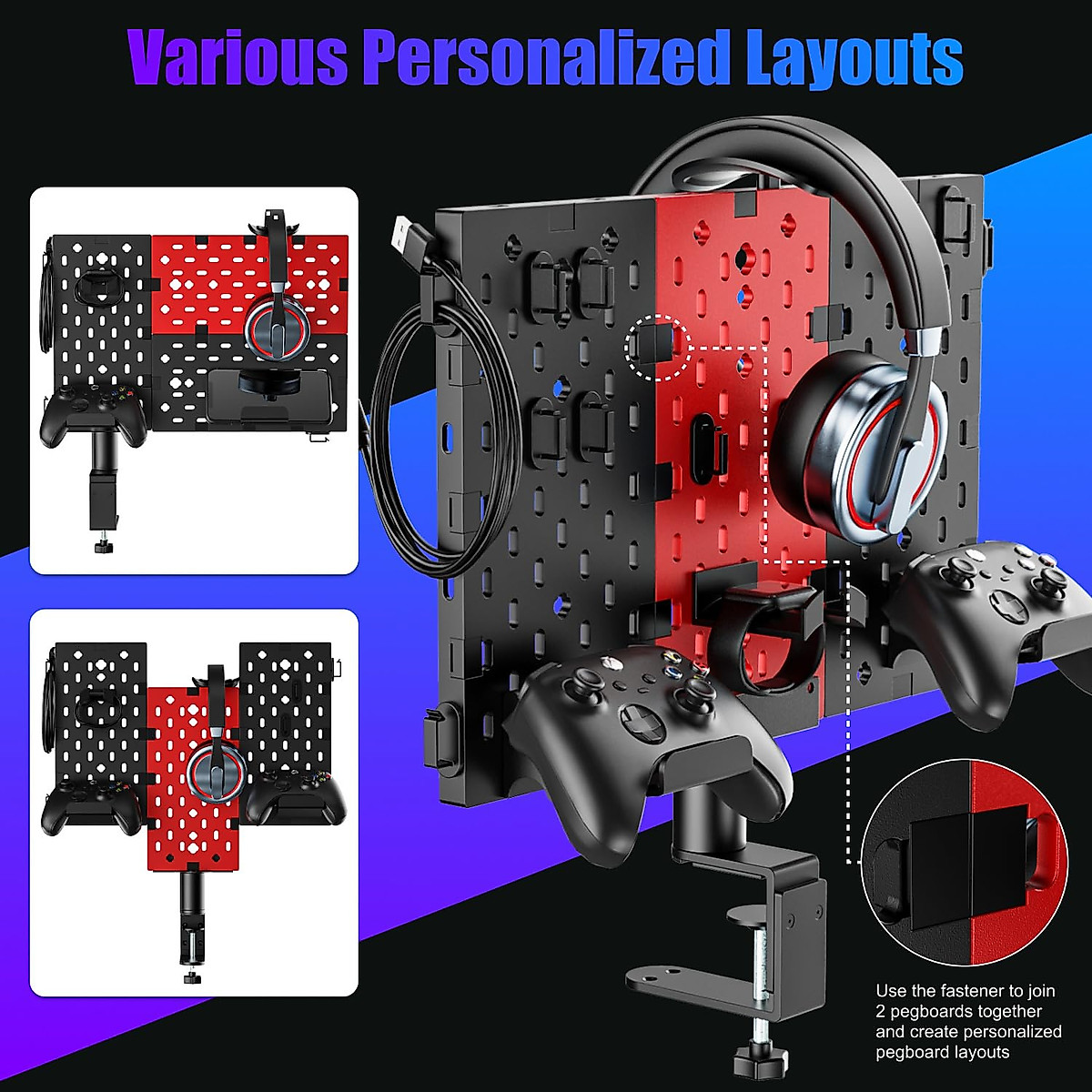 PUTORSEN Headphone and Controller Holder for Desk, Rotatable DIY Modular Headphones Holder & Controller Stand with Cable Hooks, Clamped Above/Under Desk for Xbox PS5 PS4 Switch Controller