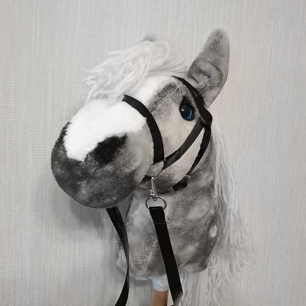 Gray stick hobby horse A4 Realistic plush handmade toy horse with bridle