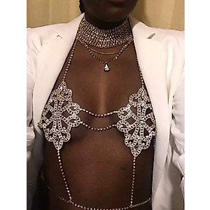 Graeen Crystal Bra Chains Rhinestone Bra Top Flower Chest Chain Silver Body Chain Nightclub Body Jewelry for Women (A)