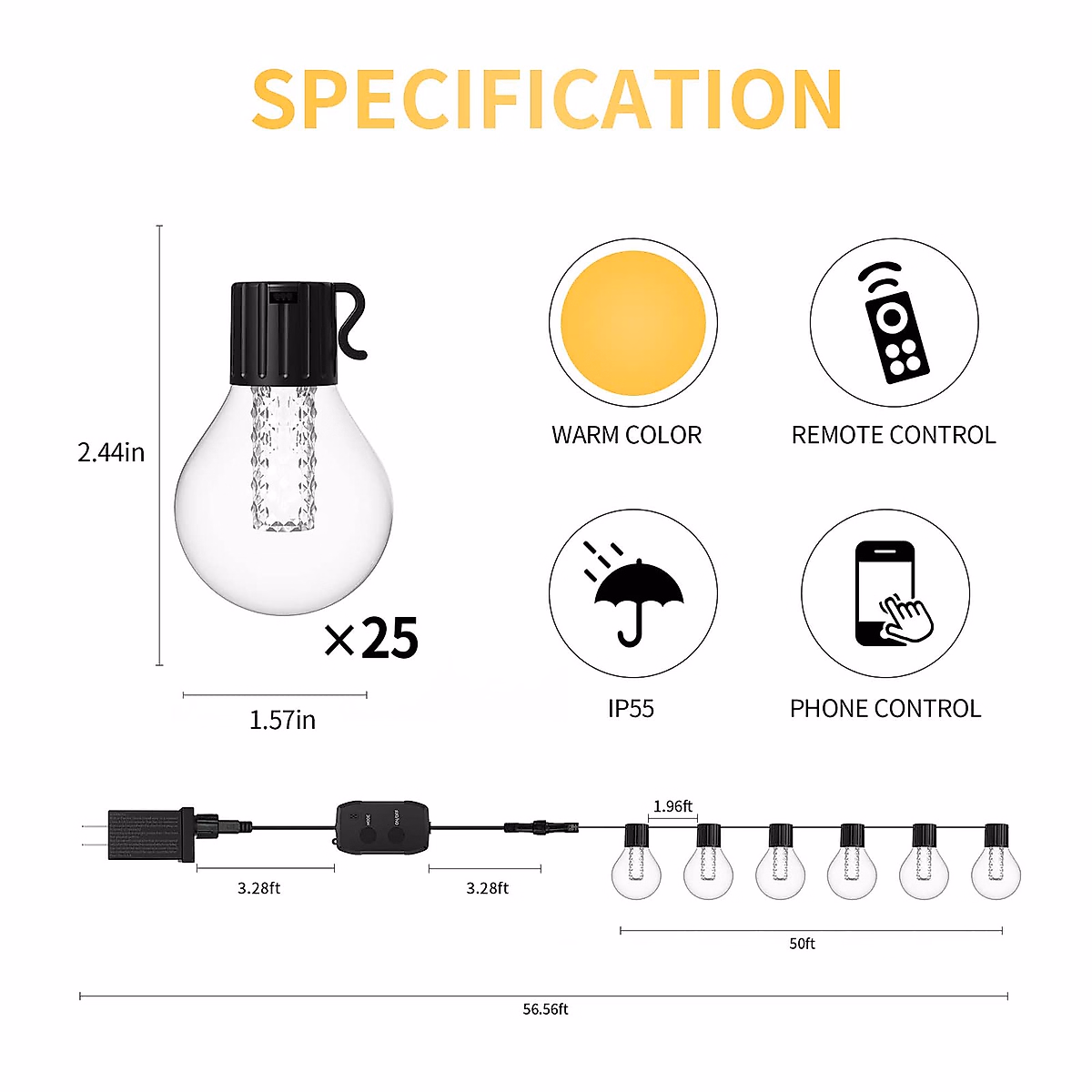 Outdoor String Lights with Dimmer App Control, 50Ft Patio Lights Waterproof Shatterproof G40 Globe 25 Led Bulbs 2000K, Connectable Christmas Hanging Light Timer Remote for Indoor Outside Porch Party