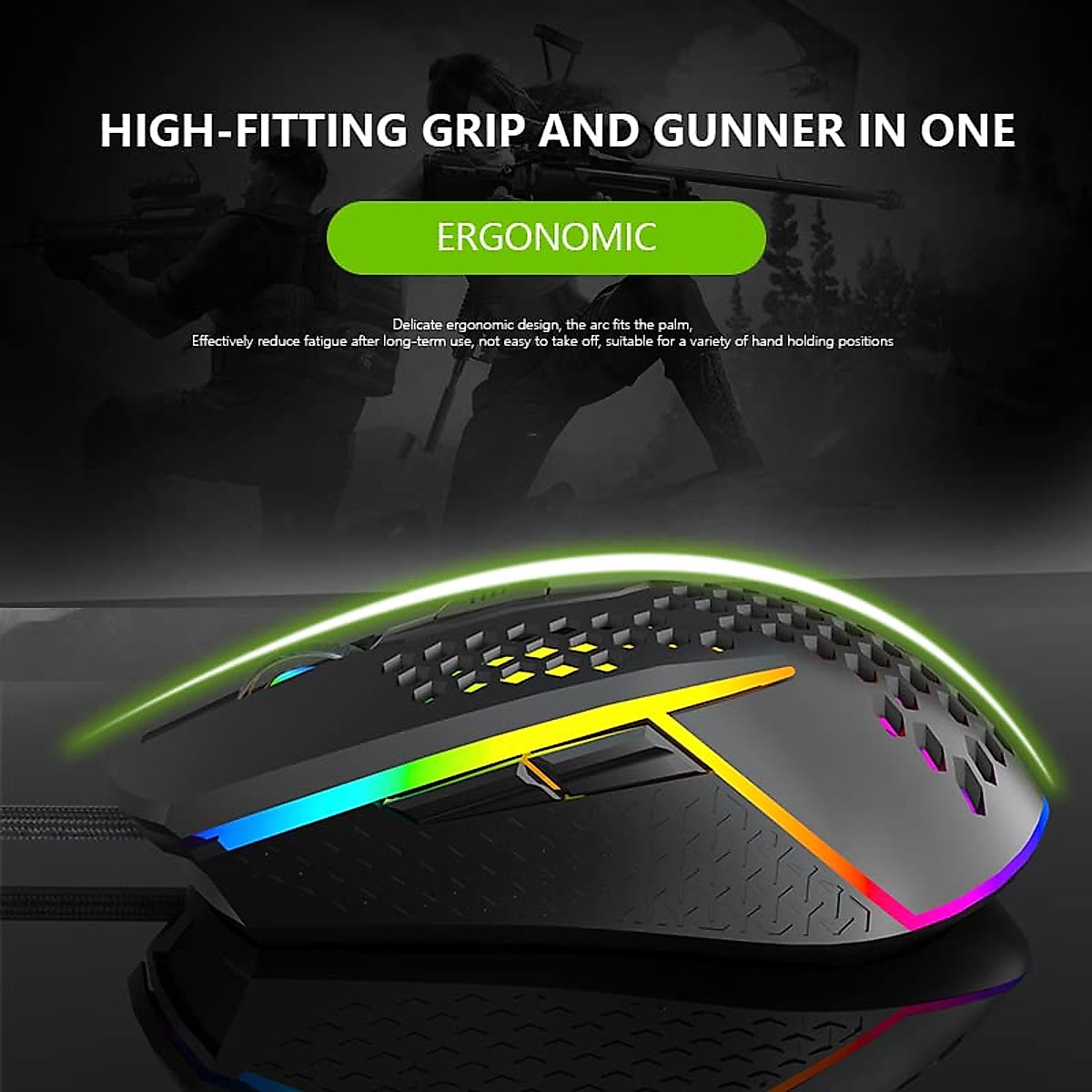 YOUCYYNB Circle Pit S50 RGB Gaming Mouse with Lightweight Honeycomb Shell, Adjusted 6400DPI, 6 Programmable Buttons (White)