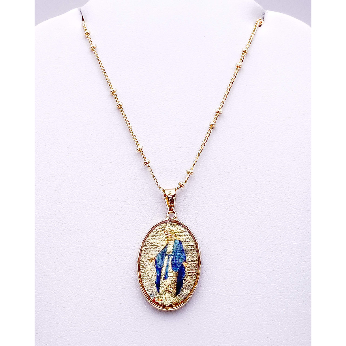 LESLIE BOULES Virgen La Milagrosa Pendant Necklace 18K Gold Plated Chain 18 Inches Length