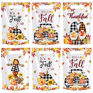 Qilery 100 Pcs Thanksgiving Party Plastic Favor Bags Fall Party Treat Bags Autumn Party Candy Bags Maple Leaves Pumpkin Goody Bags with Handles for Thanksgiving Day Autumn Harvest Fall Party Supplies
