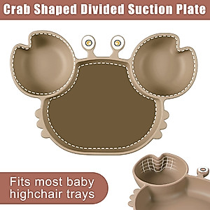 10 Pcs Baby Led Weaning Supplies, Silicone Baby Feeding Set with Divided Plate Adjustable Bib Suction Bowl Soft Spoon Fork, Toddler Self Eating Utensil Set (Khaki, Dark Gray)