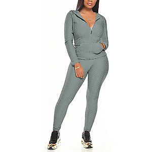 Fitness Exercise Workout Legging Clothes - Long Sleeve Zip Up Fitted Hoodies Top Long Skinny Pants Tracksuit Jogging Suits Grey S