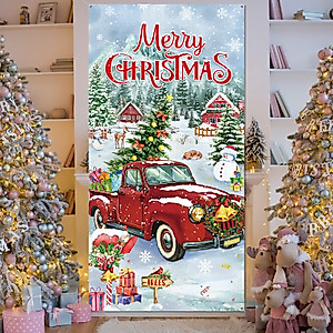 Christmas Door Covers Red Truck Xmas Cover for Door Christmas Truck Front Door Cover for Merry Christmas New Year Photography Background Party Decoration, 70.9 x 35.4 Inches