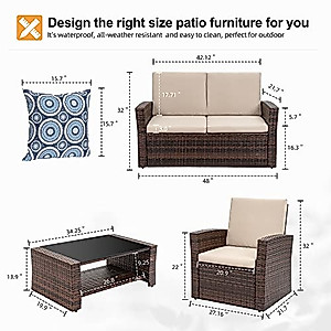 Shintenchi Outdoor Patio Furniture 4 Piece Set, Wicker Rattan Sectional Sofa Couch with Glass Coffee Table | Brown