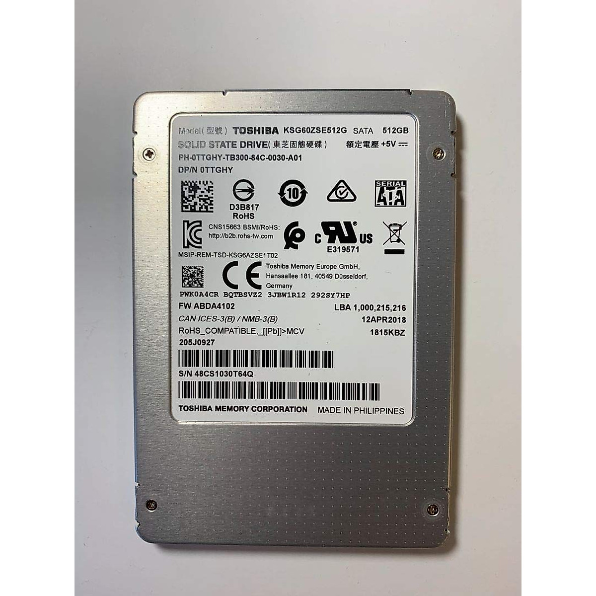 Toshiba 512GB SSD 2.5" 6Gb/s SATA Solid State Drive Model: KSG60ZSE512G DP/N: TTGHY