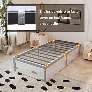 Maenizi Twin Bed Frame with White Fabric Cover 14 Inch, Heavy Duty Metal Bed Frame Twin, No Box Spring Needed, Support Up to 2500 lbs, Easy Assembly, Noise Free, Black