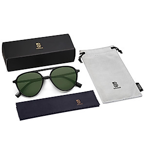 SOJOS Retro Aviator Polarized Sunglasses for Women Men Double Bridge Ladies Shades SJ2078 with Matte Black Frame/Green Lens