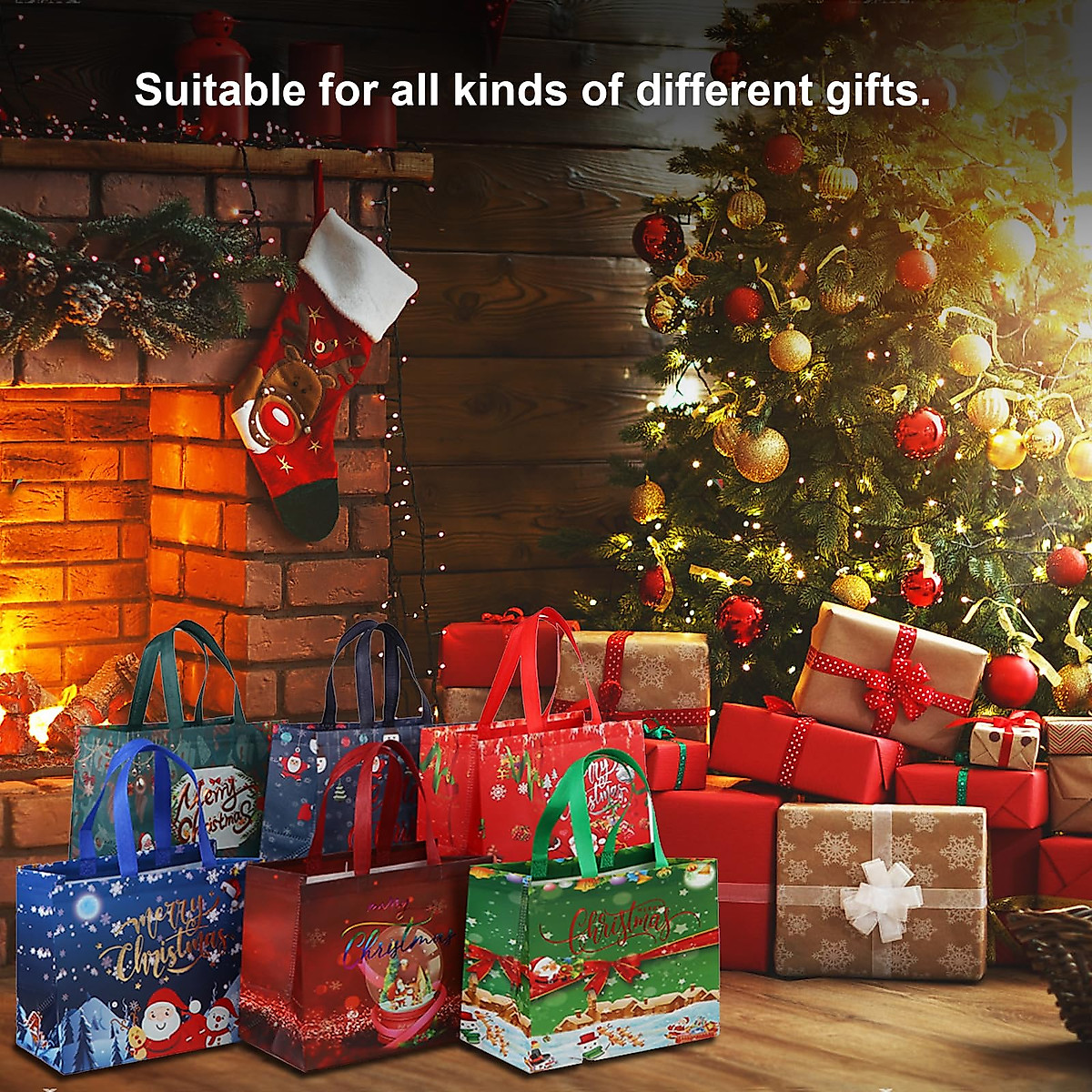 16PCS Christmas Gift Bags,Reusable Gift Bags with Handles, Fabric Christmas Tote Bags, Multifunctional Christmas Bags for Gifts Wrapping Shopping, Xmas Party Supplies Decorations, 12.6”×9.9”×6.7"