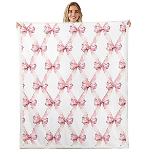 Pink Bowknot Fleece Blanket,Dreamy Princess Style Kids Girls Plush Blanket for Kids Teens,Lovely Room Decor,Watercolor Bow Geometric Grids White Flannel Blanket,Twin 60"x80"