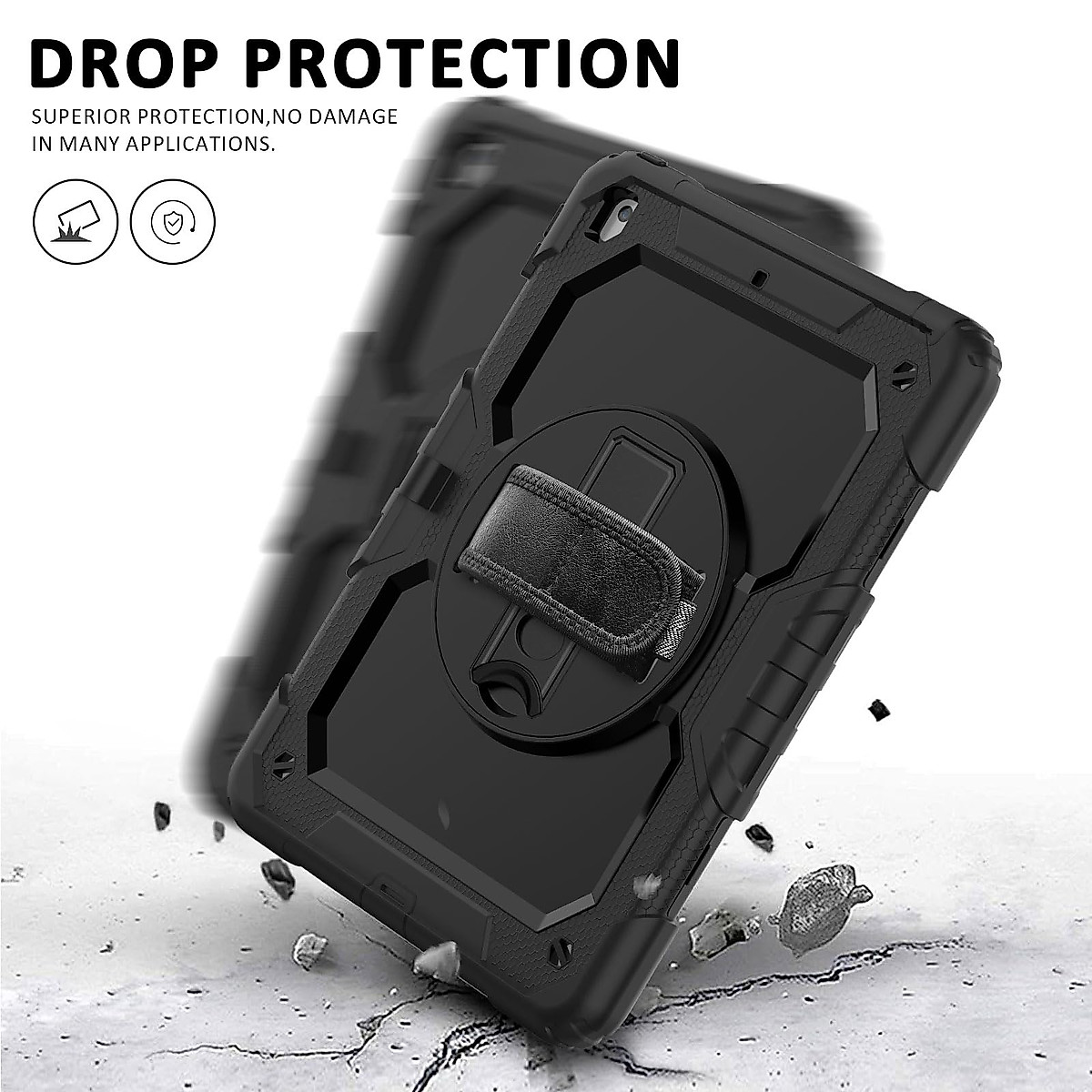 iPad 9th/8th/7th Generation Case, iPad 10.2 Case 2021/2020/2019, [Kid Proof] ambison Full Body Protective Case with 9H Tempered Glass Screen Protector, 360° Rotatable Kickstand & Hand Strap (Black)