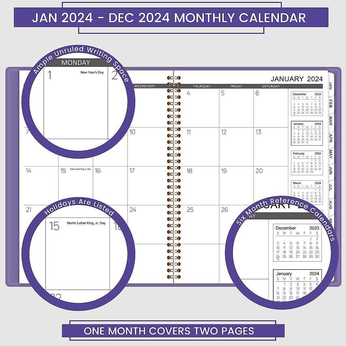 2024 Monthly Planner - Jan. 2024 - Dec. 2024, 12 Months Calendar/Planner 2024 with Faux Leather, 8.86" x 11.4", 15 Notes Pages, Strong Twin - Wire Binding, Pocket, Monthly Tabs, Perfect Organizer