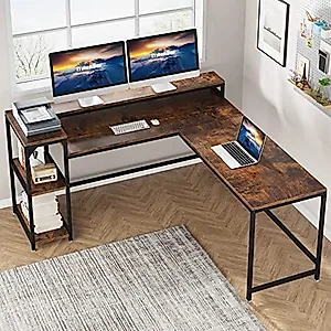 Tribesigns L Shaped Desk with Monitor Stand and Storage Shelves, Farmhouse Corner Computer Desk with Hutch, Crafting Gaming Table for Home Office, Rustic Style
