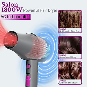 Supsilk Compact Hair Dryer with Comb, Volumizer Brush, Nozzle Attachment 3-in-1 Blow Dryer, Hairdryer for 1a to 4c Curly Hair, Professional Lightweight Turbo AC Motor 1800W Fast Drying and Cool Shot