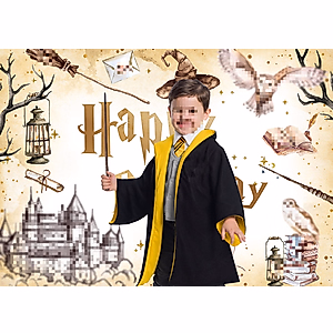 Wizard Happy Birthday Backdrop Magic School Castle Backdrop for Halloween Wizard Theme Photography Background Boys Girls Birthday Party Decoration Banner 7X5FT