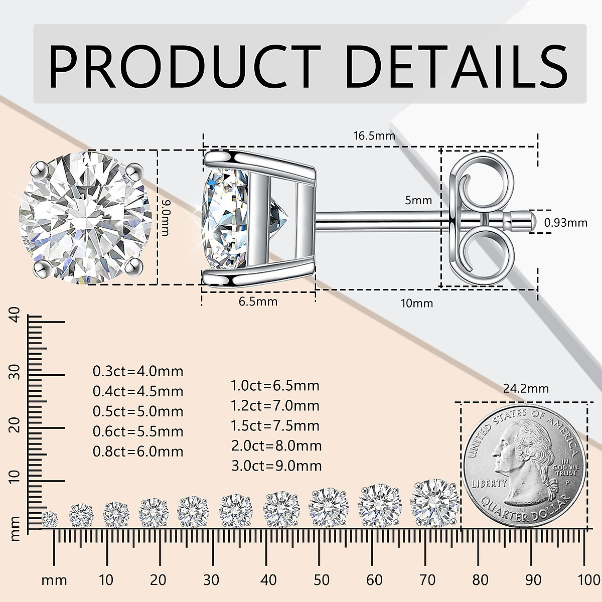 Moissanite Stud Earrings, 2ct 6.5mm DF Color Brilliant Round Cut Lab Created Moissanite Earrings 18K White Gold Plated Silver Friction Back for Women Men