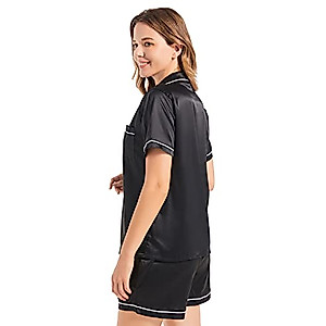 JULGIRL Women's Silk Satin Pajamas Short Sleeve Shorts Loungewear Two-Piece Button-Down Pj Set (X-Large, Black)
