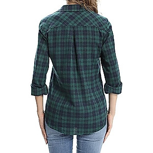 Fuinloth Women's Flannel Button Down Shirt, Plaid Long Sleeve Pure Cotton with Pocket 1 Dark Green Large