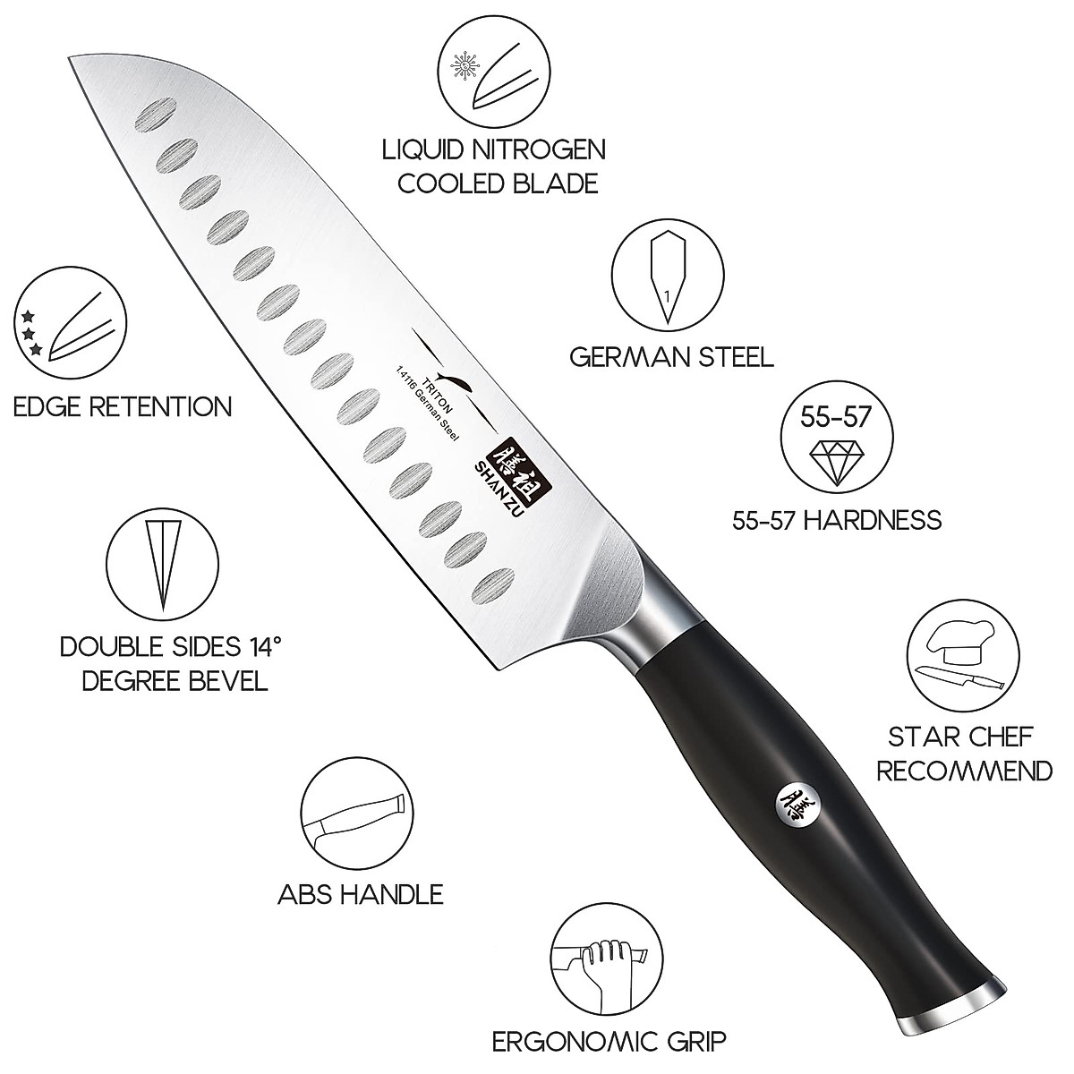 SHAN ZU Santoku Knife, Kitchen Knife 7 inch Japanese Chef Knife, High Carbon German Stainless Steel Chopping Knife with ABS Ergonomic Handle, Cooking Gifts