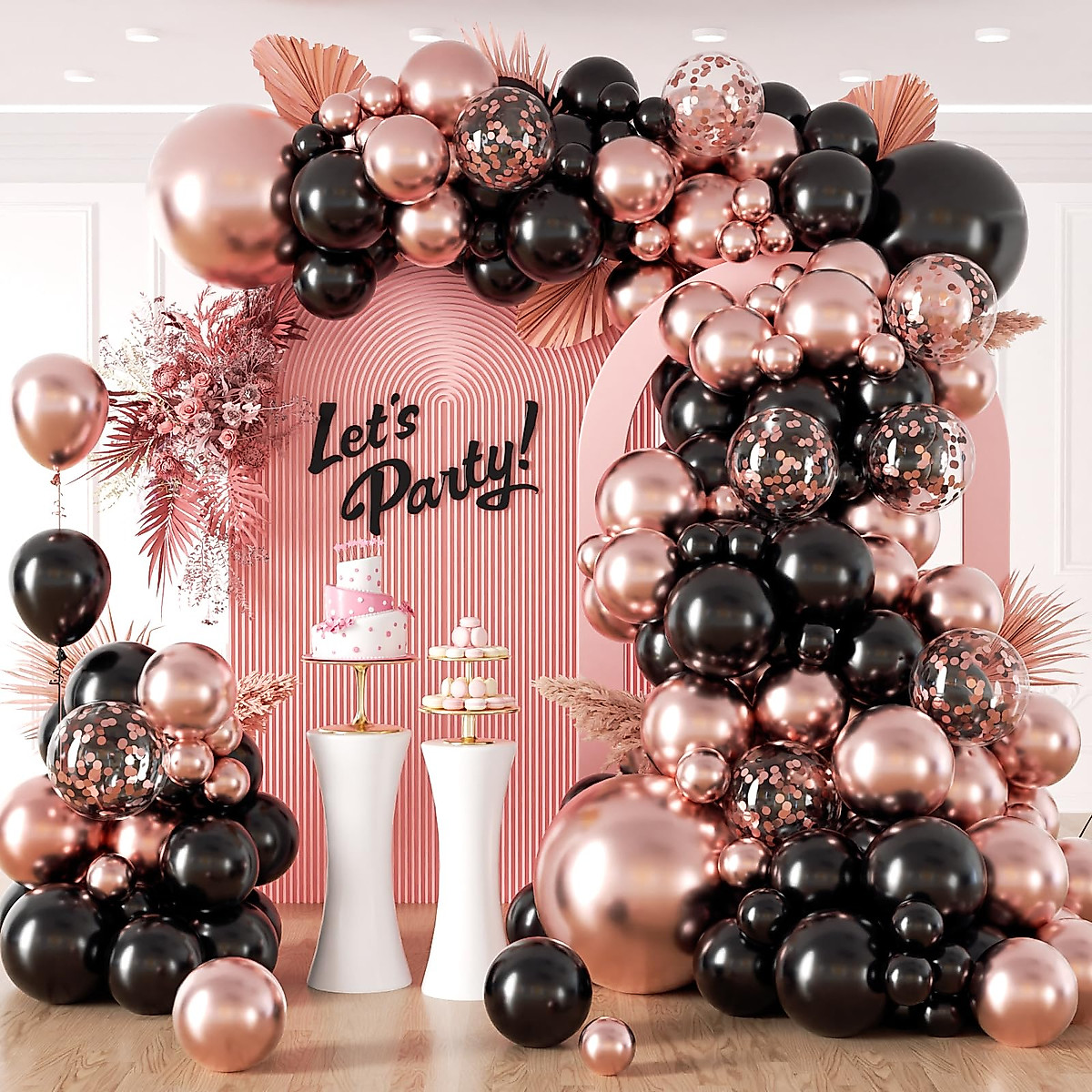 132pcs Rose Gold and Black Balloon Arch Kit, Metallic Rose Gold and Black Balloons Different Sizes of 18 12 10 Inch with Confetti Balloon for Wedding Graduation Baby Shower Birthday Party Decoration