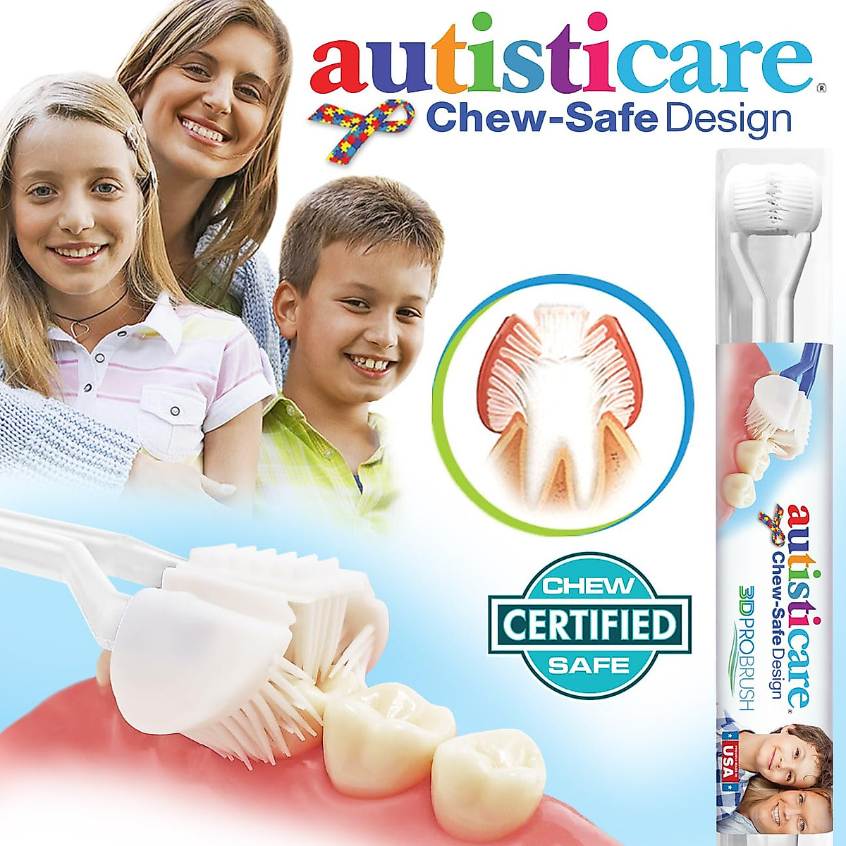 autisticare Chew-Safe | Sensory 3-Sided Toothbrush for Special Needs| Extra Gentle | Fast, Easy & Fun to Use | Autism Autistic Asperger Kids Child Caregiver | Made in USA