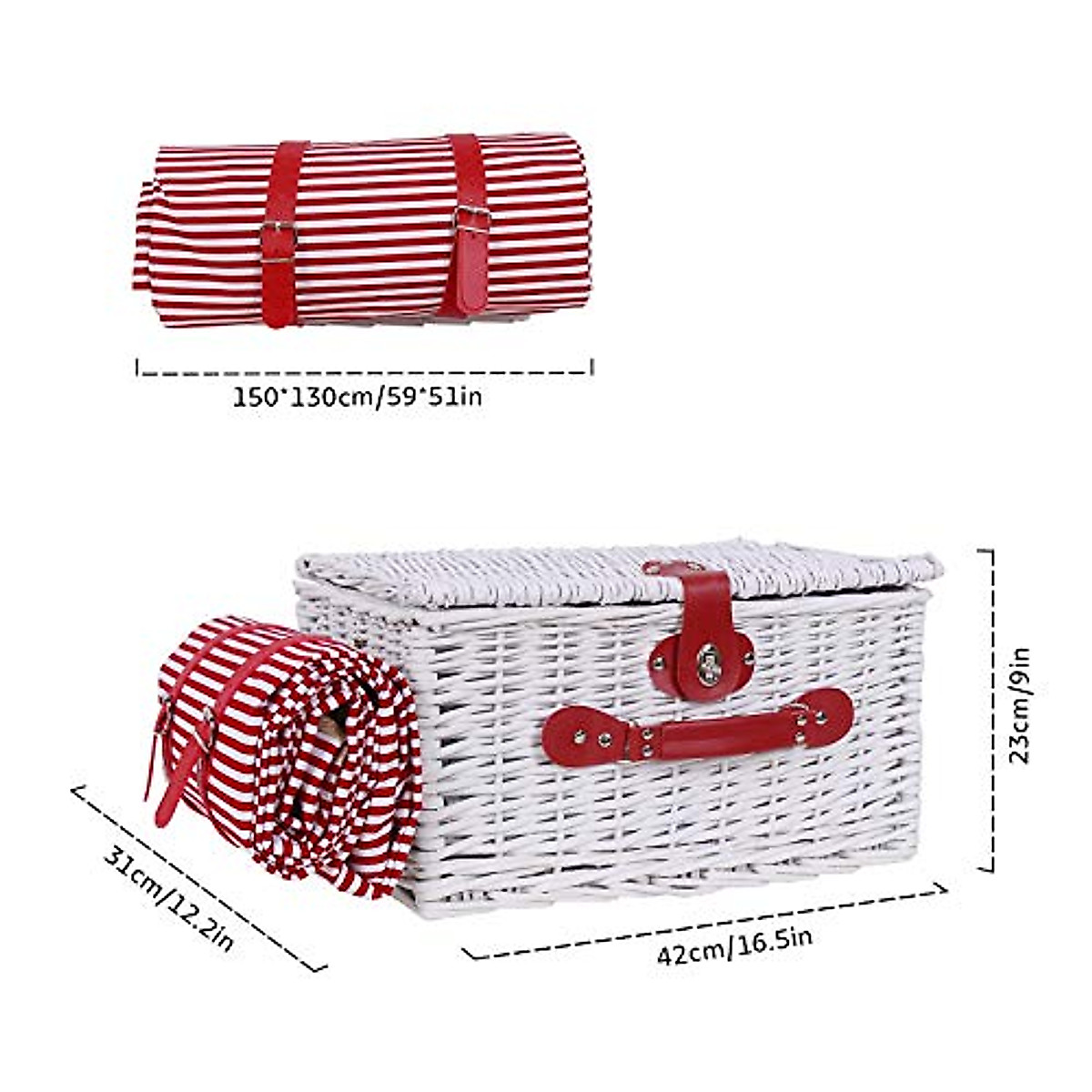 Picnic Basket for 4 Person Wicker Picnic Hamper with Waterproof Blanket, Insulated Cooler Compartment & Tableware Set (White/Red)