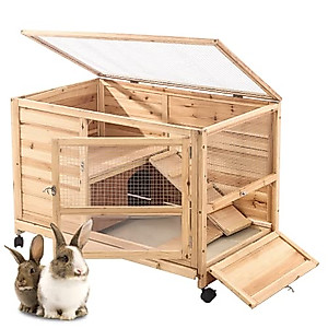 YOLENY Rabbit Hutch, Wooden Small Animal Cage, Bunny Hutch Indoor Rabbit Cage, Outdoor Guinea Pig Cage Hedgehog Cage, Removable Tray, Safety Lock, Galvanized Mesh Wires, Access Ramps
