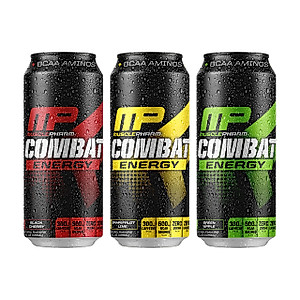 MusclePharm Combat Energy Drink 16oz (Pack of 12) Variety Pack - Grapefruit Lime, Green Apple & Black Cherry - Sugar Free Calories Free - Perfectly Carbonated with No Artificial Colors or Dyes