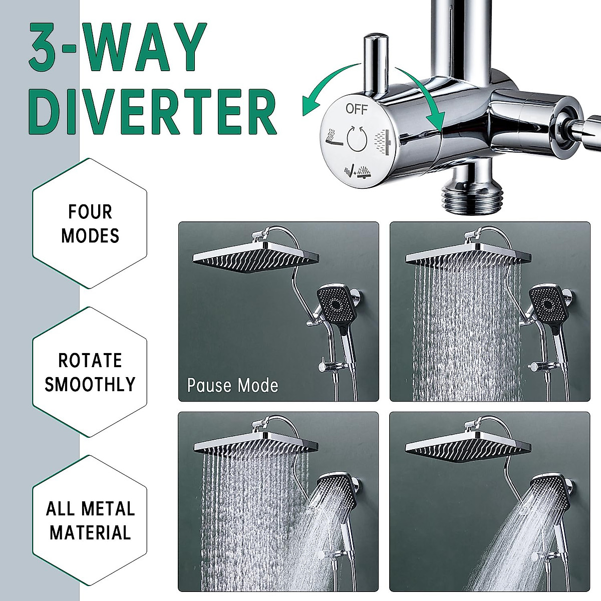 V-Frankness 13-Inch Shower Heads with Multi-Function Handheld Sprayer Combo, 3-Way Metal Extended Diverter with Holder and Metal Adjustable Curved Shower Extension Arm, Extra Long Hose Chrome
