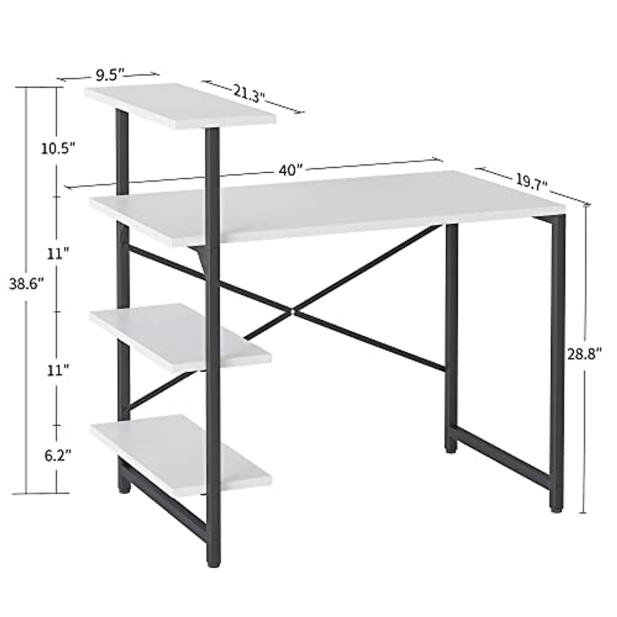 CubiCubi Small Computer Desk with Shelves 40 Inch, Home Office Desk, Study Writing Office Table, 3 Tier Shelf, White