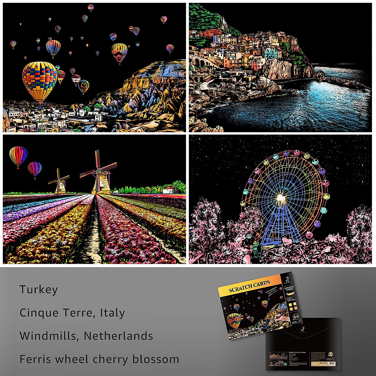 Scratch Art for Teens & Adults, Rainbow Engraving Painting Landscape Scratchboard(A4) Crafts Set: 8 Sheets with 4 Tools - New York, Statue of Liberty, Golden Gate Bridge, Manarola (America/Europe)